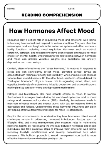 How Hormones Affect Mood: Reading Comprehension Passages & Questions ...