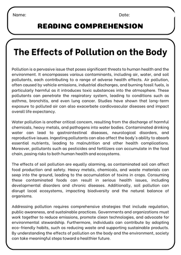 The Effects of Pollution on the Body: Reading Comprehension Passages ...