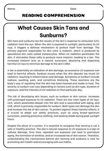 What Causes Skin Tans and Sunburns?: Reading Comprehension Passages ...