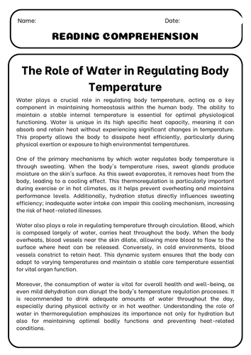 The Role of Water in Regulating Body Temperature: Reading Comprehension ...