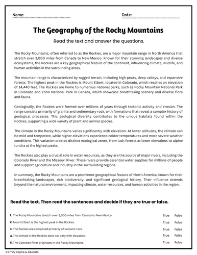 The Geography of the Rocky Mountains Reading Comprehension Passages ...