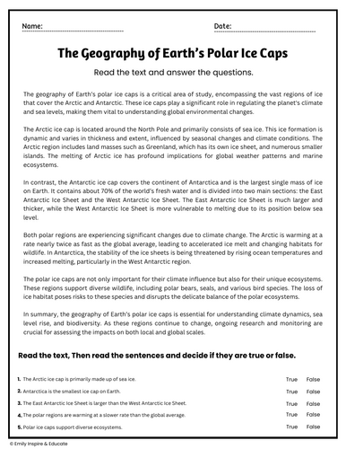 The Geography of Earth’s Polar Ice Caps Reading Comprehension Passages ...
