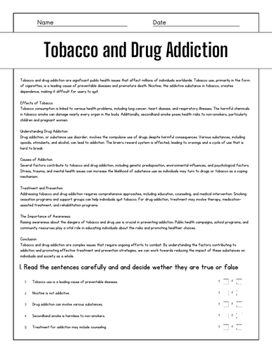 Tobacco and Drug Addiction: Reading Comprehension Passages & Questions ...