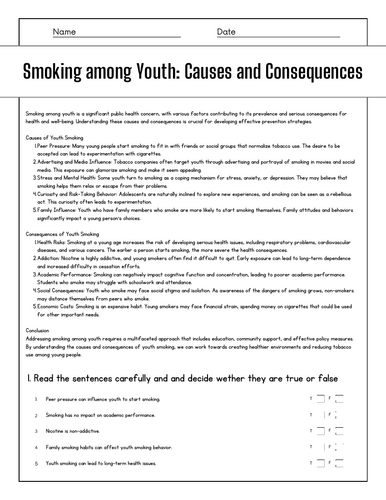 Smoking among Youth: Causes and Consequences: Reading Comprehension ...