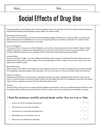Social Effects of Drug Use: Reading Comprehension Passages & Questions ...