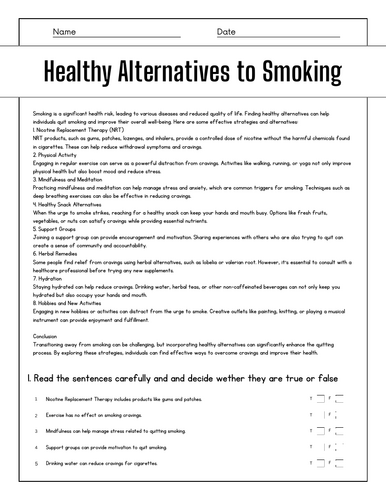 Healthy Alternatives to Smoking: Reading Comprehension Passages ...
