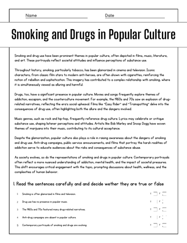 Smoking and Drugs in Popular Culture: Reading Comprehension Passages ...