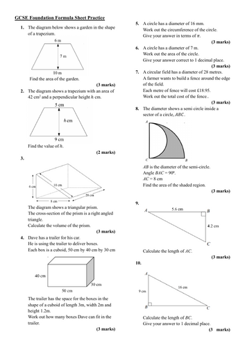 GCSE Foundation Maths Formula Sheet Practice (Exam Aid) | Teaching ...