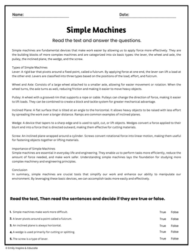 Simple Machines Reading Comprehension Passages & Questions Worksheets ...