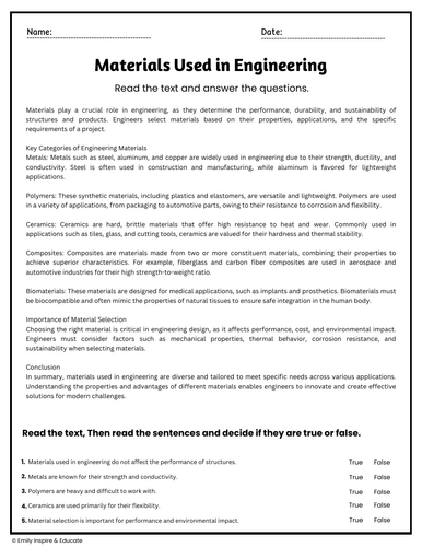 Materials Used in Engineering Reading Comprehension Passages & Questions Worksheets | Teaching ...
