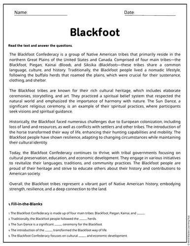 Blackfoot Reading Comprehension Passages & Questions Worksheets ...