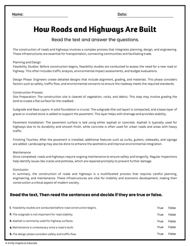 How Roads and Highways Are Built Reading Comprehension Passages ...