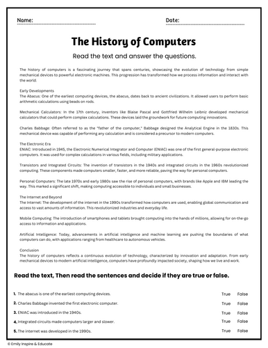 The History of Computers Reading Comprehension Passages & Questions ...