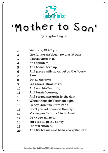 'Mother to Son' - LinkyThinks Poetry Reading Comprehension | KS3 ...