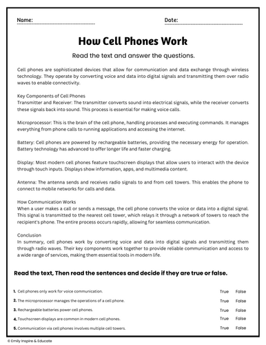 How Cell Phones Work Reading Comprehension Passages & Questions ...