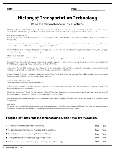 History of Transportation Technology Reading Comprehension Passages ...