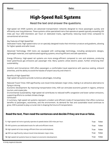 High-Speed Rail Systems Reading Comprehension Passages & Questions ...