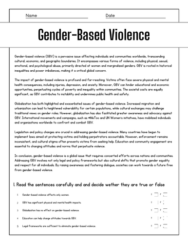 Gender-Based Violence: Reading Comprehension Passages & Questions ...