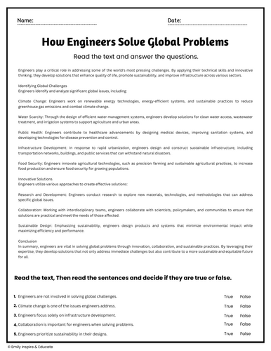 How Engineers Solve Global Problems Reading Comprehension Passages & Questions Worksheets ...