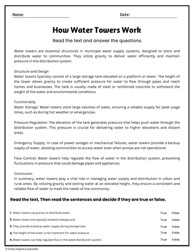 How Water Towers Work Reading Comprehension Passages & Questions ...