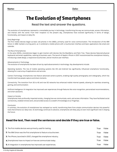 The Evolution of Smartphones Reading Comprehension Passages & Questions ...