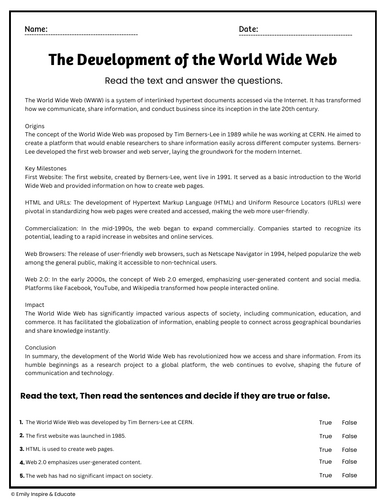 The Development of the World Wide Web Reading Comprehension Passages ...