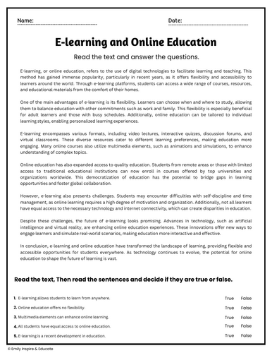E-Learning and Online Education Reading Comprehension Passages ...