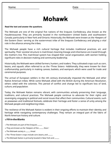 Mohawk Reading Comprehension Passages & Questions Worksheets | Teaching ...
