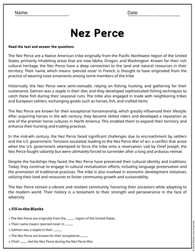 Nez Perce Reading Comprehension Passages & Questions Worksheets ...