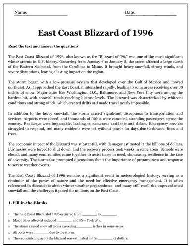 East Coast Blizzard of 1996 Reading Comprehension Passages & Questions ...