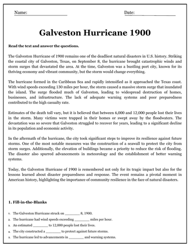 Galveston Hurricane of 1900 Reading Comprehension Passages & Questions ...
