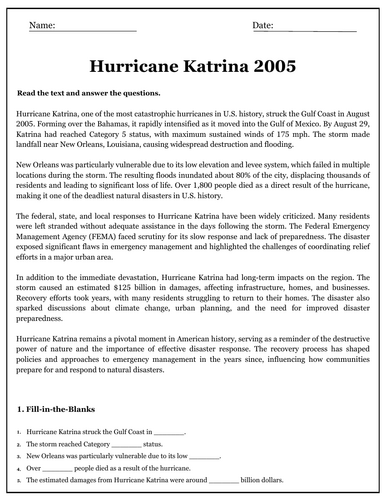 Hurricane Katrina of 2005 Reading Comprehension Passages & Questions ...