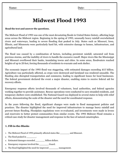 Midwest Flood of 1993 Reading Comprehension Passages & Questions ...