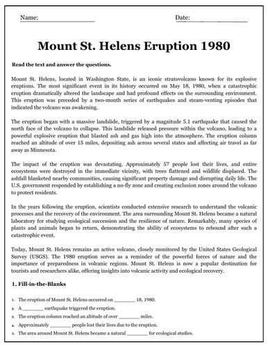 Mount St. Helens Eruption of 1980 Reading Comprehension Passages ...