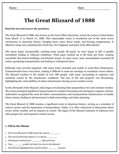The Great Blizzard of 1888 Reading Comprehension Passages & Questions ...