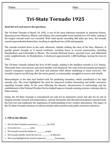 Tri-State Tornado of 1925 Reading Comprehension Passages & Questions ...