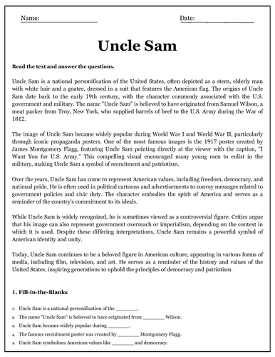 Uncle Sam Reading Comprehension Passages & Questions Worksheets ...
