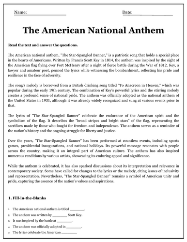 The American National Anthem Reading Comprehension Passages & Questions ...
