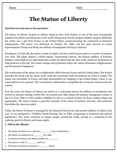 The Statue of Liberty Reading Comprehension Passages & Questions ...