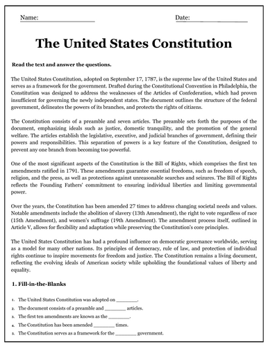 The United States Constitution Reading Comprehension Passages ...