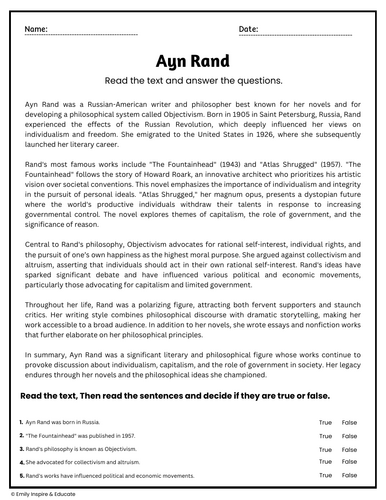 Ayn Rand Reading Comprehension Passages & Questions Worksheets ...