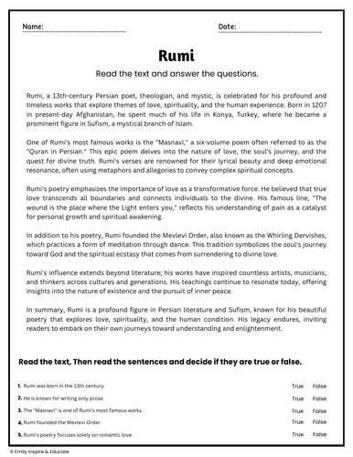 Rumi: An Exploration of His Life and Poetry Reading Comprehension ...