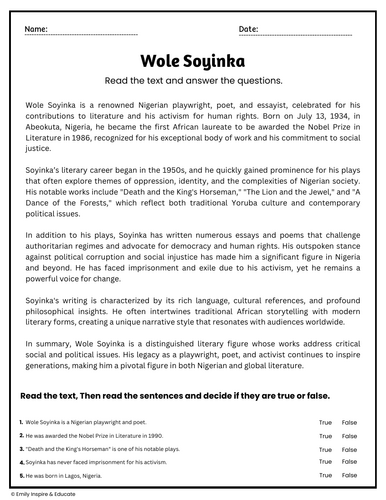 Wole Soyinka Reading Comprehension Passages & Questions Worksheets ...