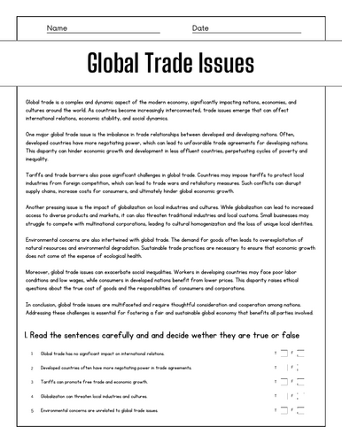 Global Trade Issues: Reading Comprehension Passages & Questions ...