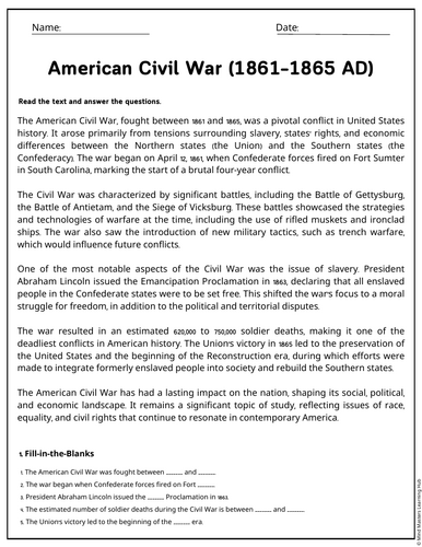 American Civil War (1861–1865 AD) Reading Comprehension Passages ...