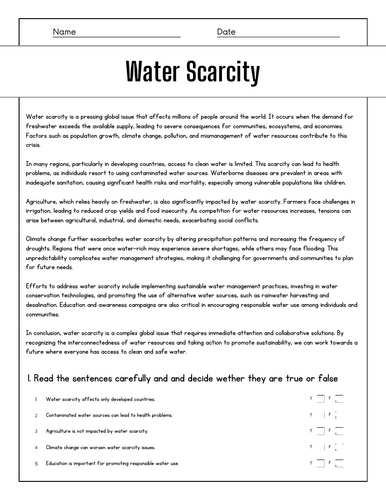 Water Scarcity: Reading Comprehension Passages & Questions Worksheets ...
