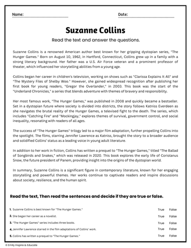 Suzanne Collins Reading Comprehension Passages & Questions Worksheets ...