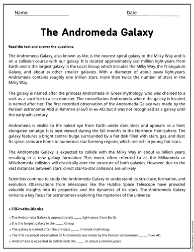 The Andromeda Galaxy Reading Comprehension Passages & Questions ...