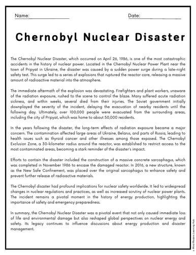 Chernobyl Nuclear Disaster Reading Comprehension Passages & Questions ...