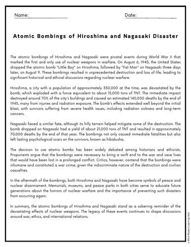 Atomic Bombings of Hiroshima and Nagasaki Disaster Reading ...